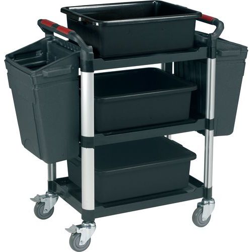 Industrial Plastic Tray Trolley With 2 Side Bins And 3 Trays - Manutan ...
